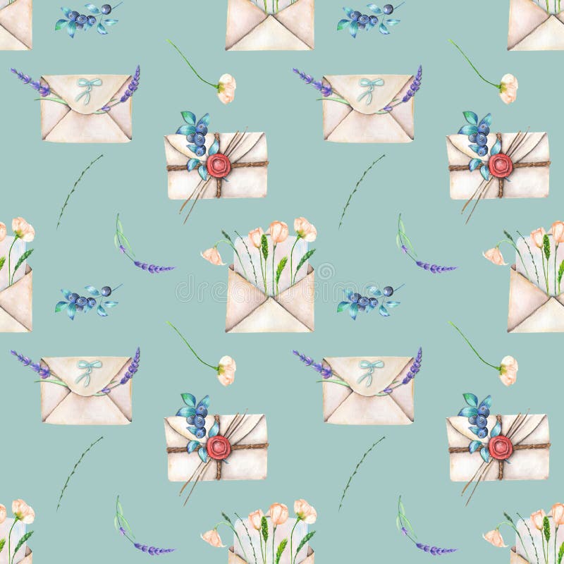 Seamless Pattern with Watercolor Vintage Mail Envelopes and Flowers ...
