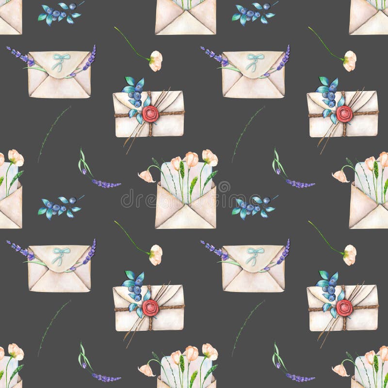Seamless Pattern With Watercolor Vintage Mail Envelopes And Flowers