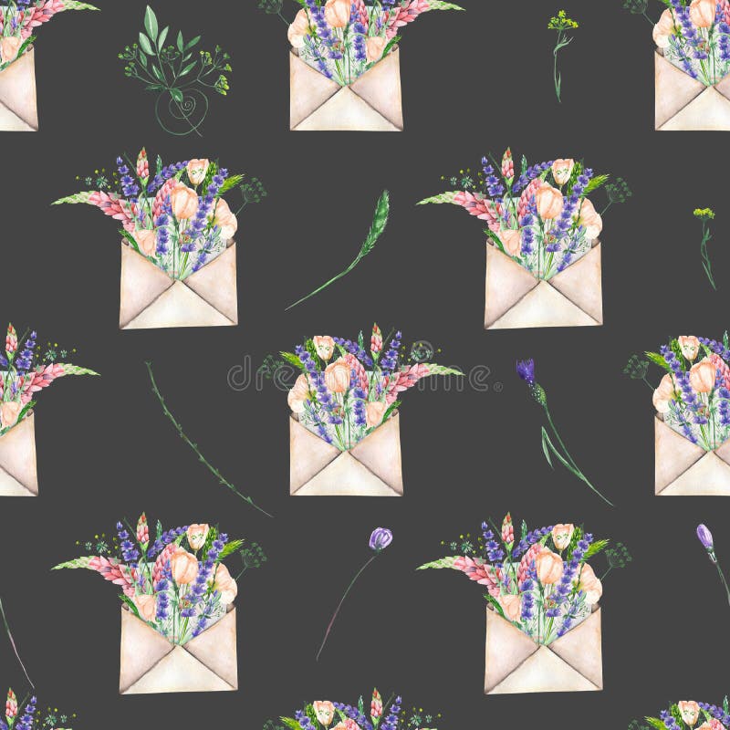 Seamless Pattern with Watercolor Vintage Mail Envelopes and Blue ...