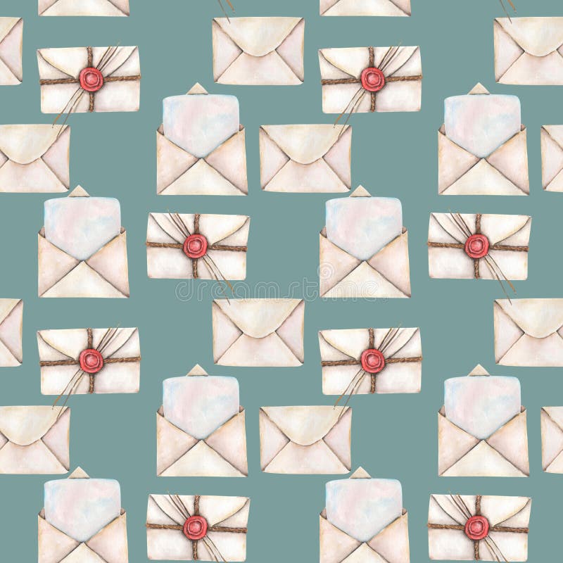 Seamless Pattern with Watercolor Vintage Mail Envelopes Stock ...