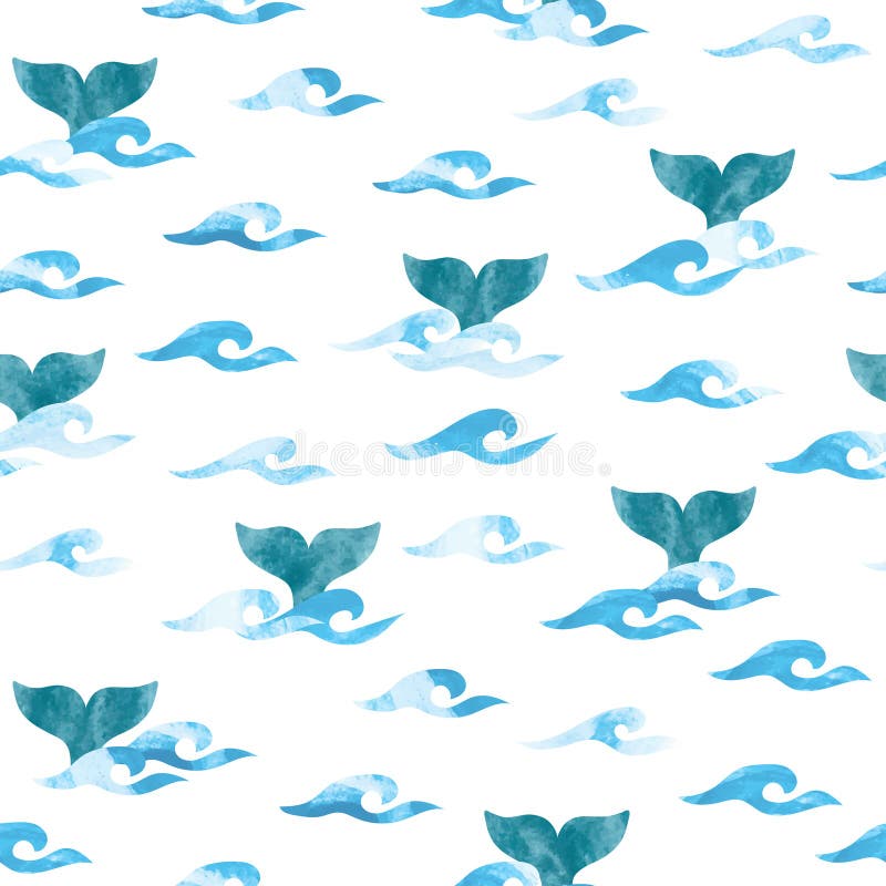 Seamless Pattern with Watercolor Whale Tails and Sea Waves Stock Vector ...
