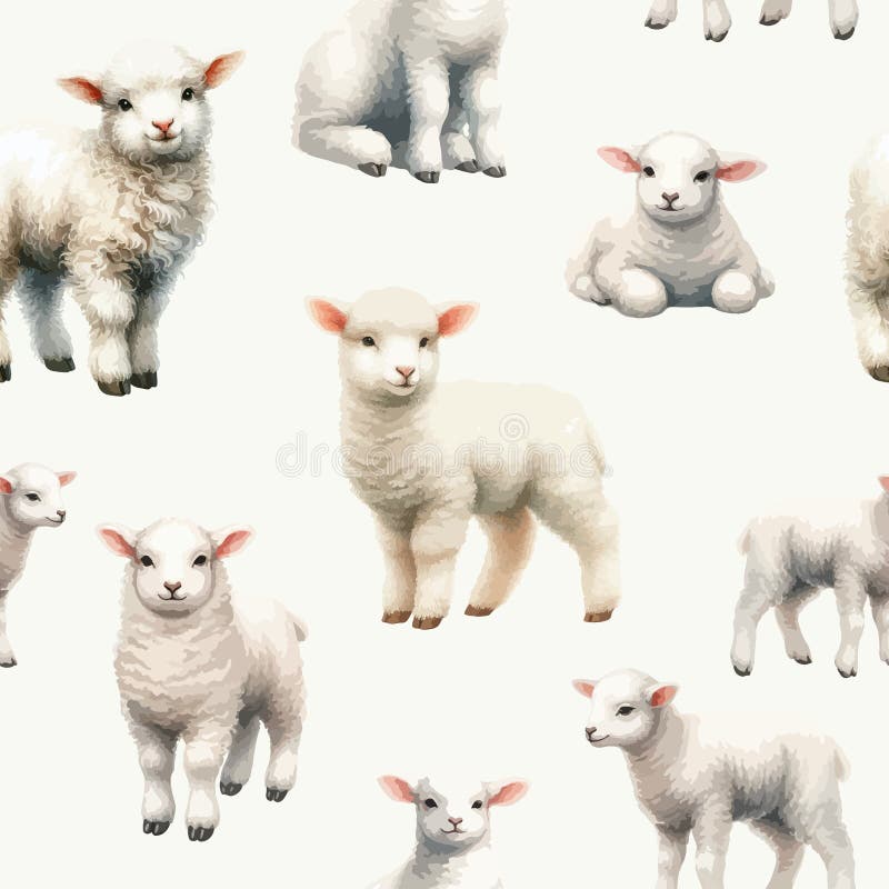 Seamless Pattern with Watercolor White Lamb on White Background. Stock ...