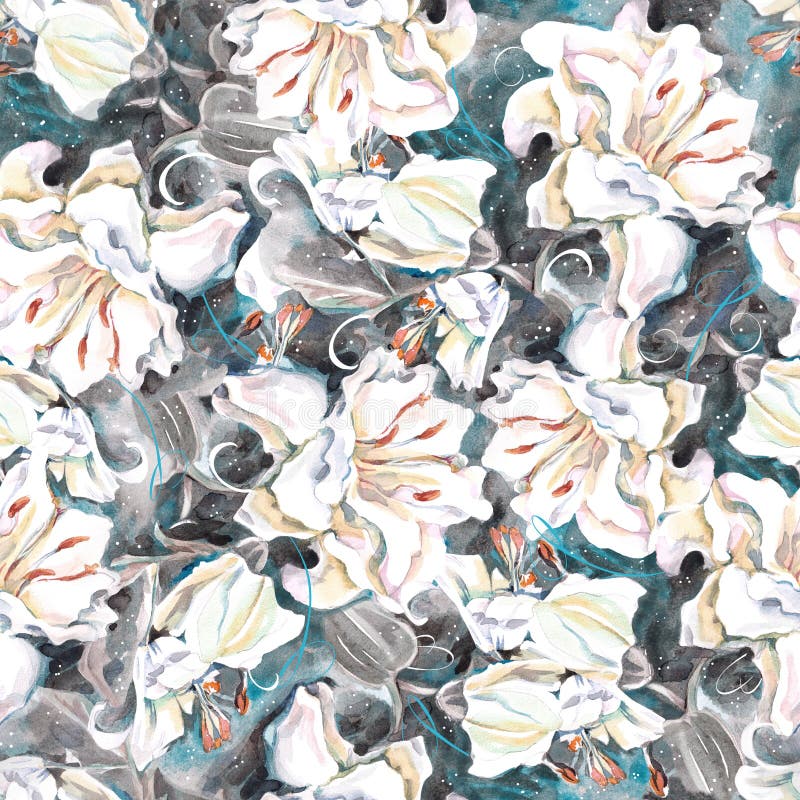 Seamless Pattern with Watercolor White Lilly Flowers Stock Illustration ...