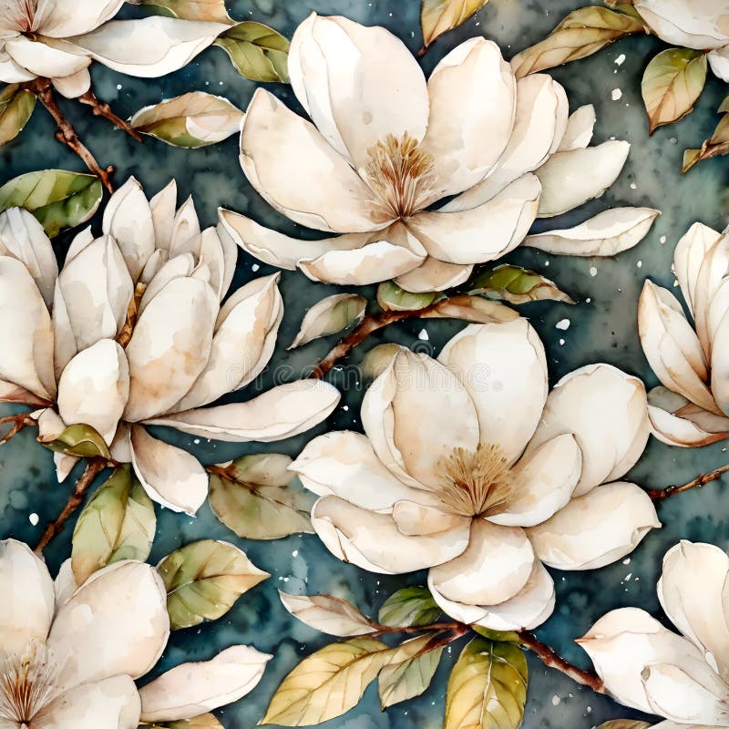 Seamless Pattern with Watercolor White Magnolia Flowers Stock ...