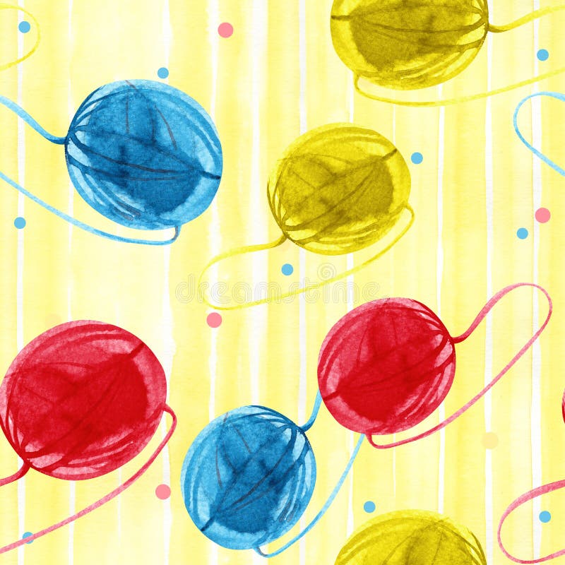 Seamless Pattern with Watercolor Yellow Ball of Yarn Hand Drawn on a ...
