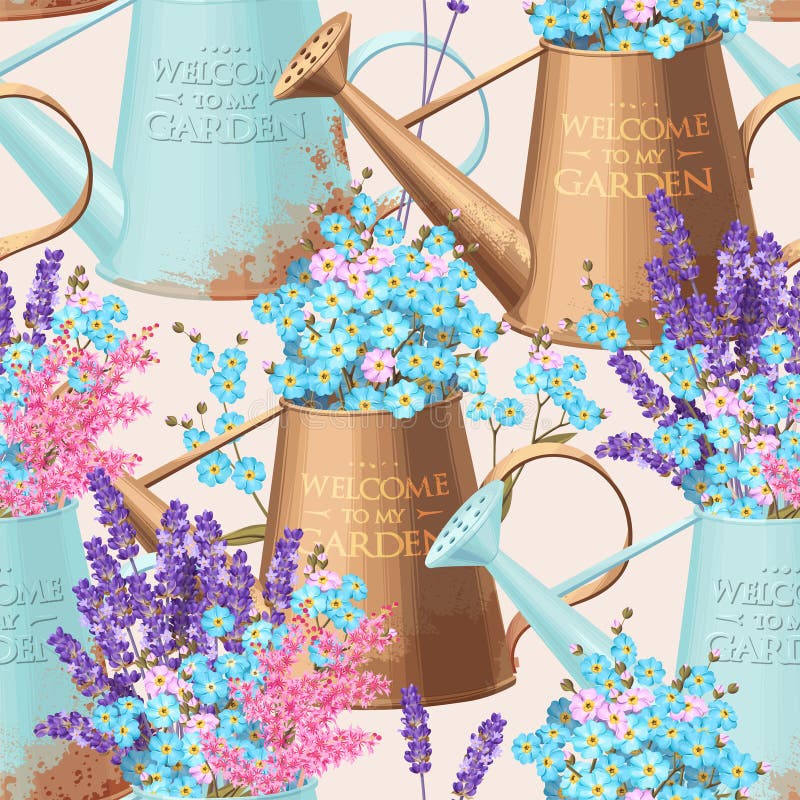 Seamless Pattern with Watering Can and Flowers Stock Vector ...