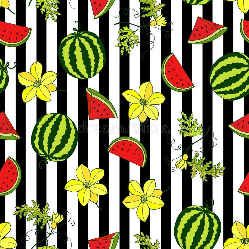 Seamless Pattern of Watermelon Fruit, Pieces of Watermelon, Flowers ...