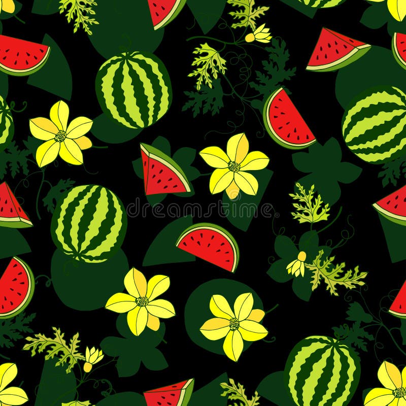 Seamless Pattern of Watermelon Fruit, Pieces of Watermelon, Flowers ...