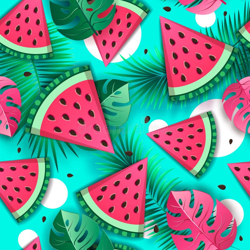 Seamless Pattern with Watermelon Slices and Tropic Leaves. Watermelon ...