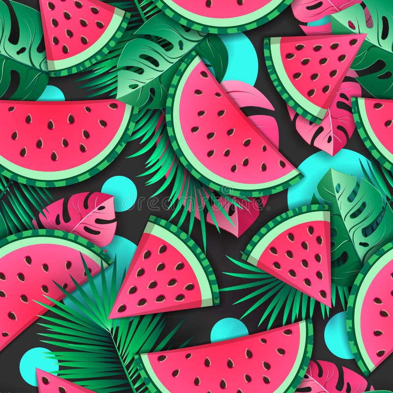 Seamless Pattern with Watermelon Slices and Tropic Leaves. Watermelon ...