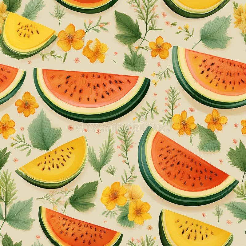 A Seamless Pattern with Watermelon and Yellow Rockmelon Pieces with ...