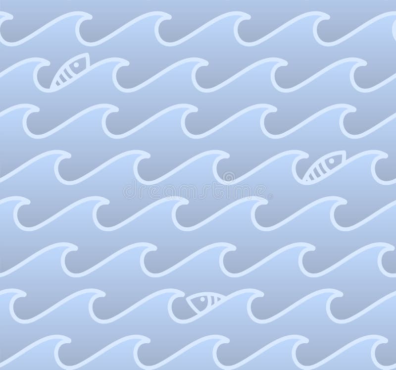 Seamless Pattern with Waves and Fishs, Stylized Water Waves Ornament ...