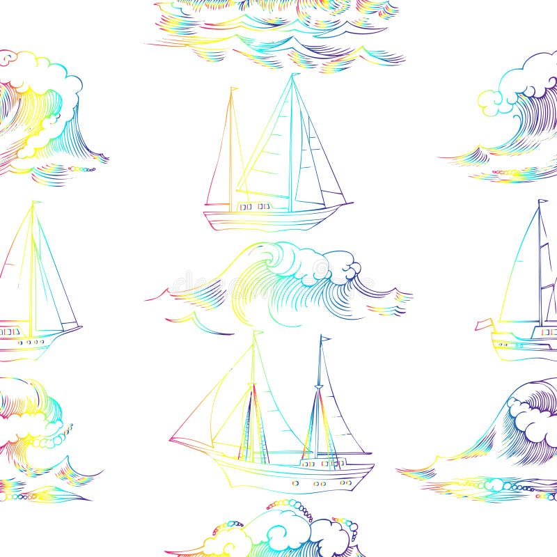 Seamless Pattern with Waves and Ships. Hand Drawn Illustration Stock ...