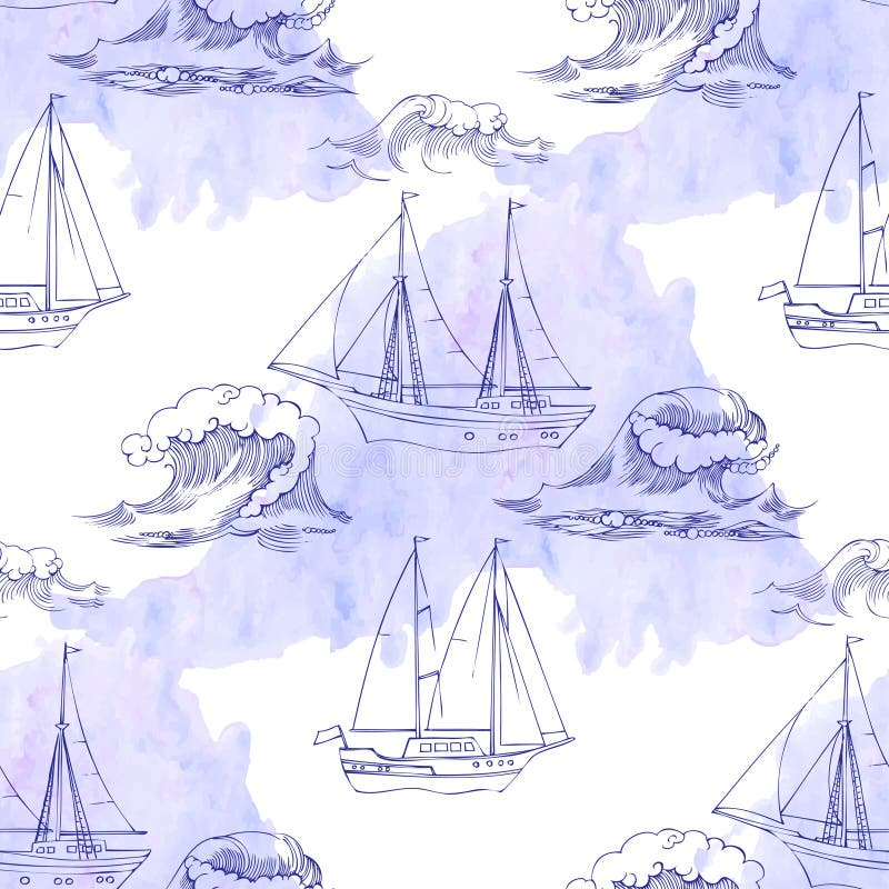 Seamless Pattern with Waves and Ships Stock Vector - Illustration of ...