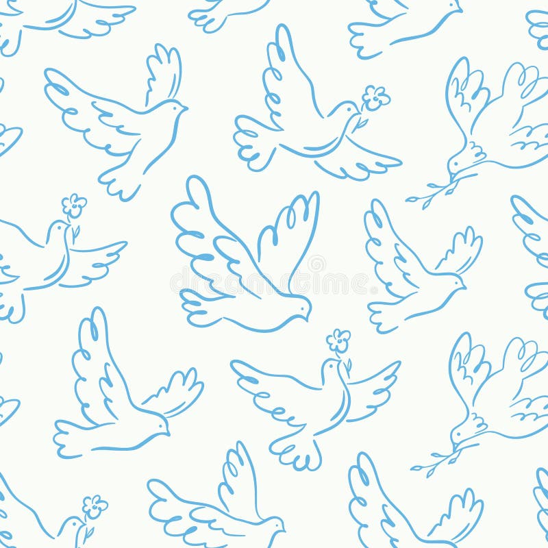 Seamless Pattern with Whimsical Flying Doves. Hand-drawn Linear Bird ...