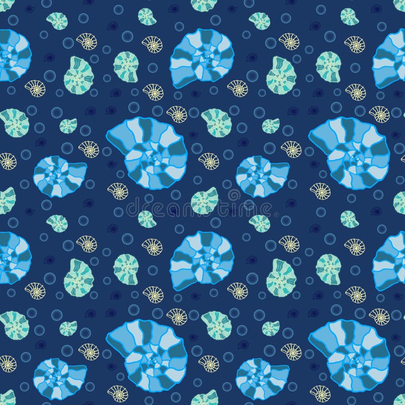 Seamless Pattern with White, Blue, Dark Blue Shells and Blue Bubbles on ...