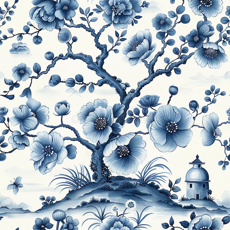 Seamless Pattern with White and Blue Floral Patterns Stock Illustration ...