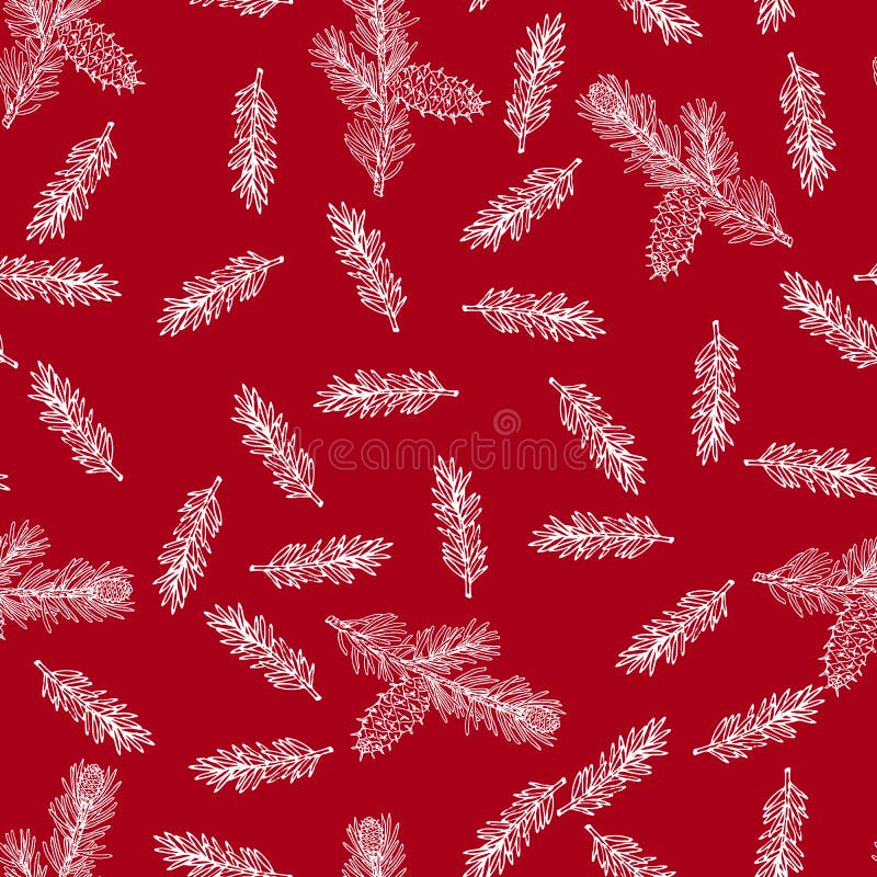 Seamless Pattern with White Christmas Tree Branches on Red Background ...