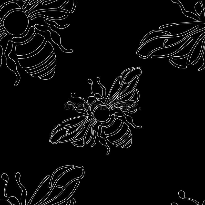 Seamless Pattern with White Contour of Bees on a Black Background. the ...