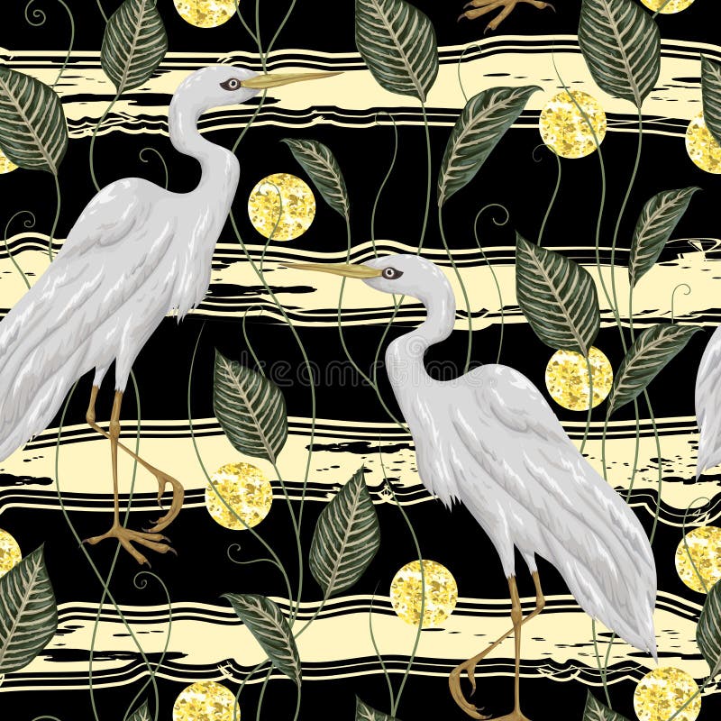 Seamless Pattern with White Crane Bird, Leaves, Circles with Golden ...