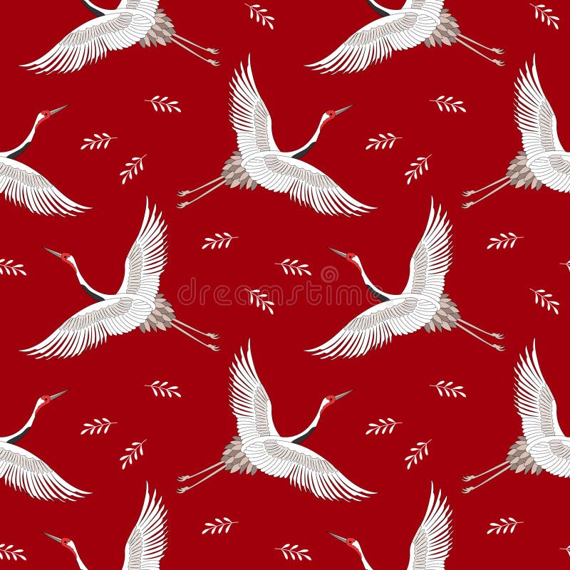 Seamless Pattern, White Flying Cranes, Storks on a Red Background ...