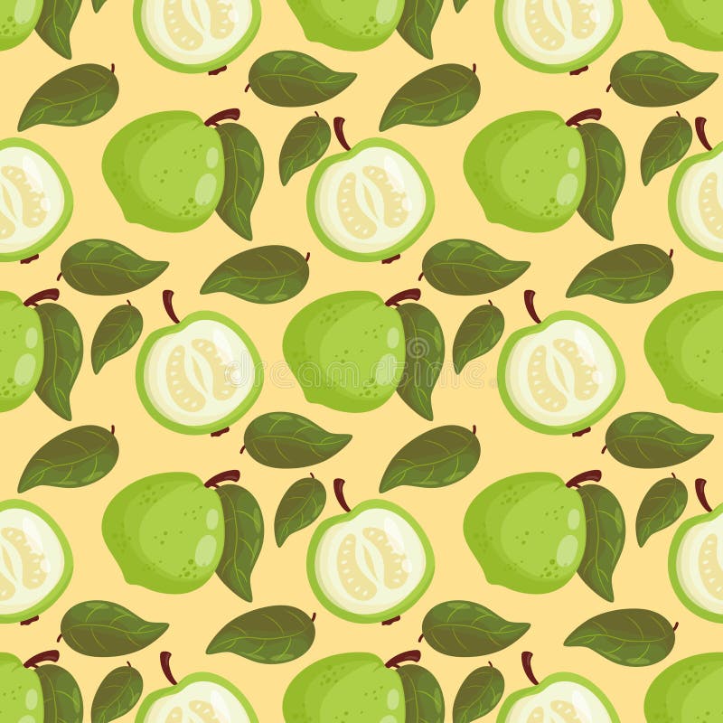 Seamless Pattern White Guava Fruit Tree on Yellow Background with ...
