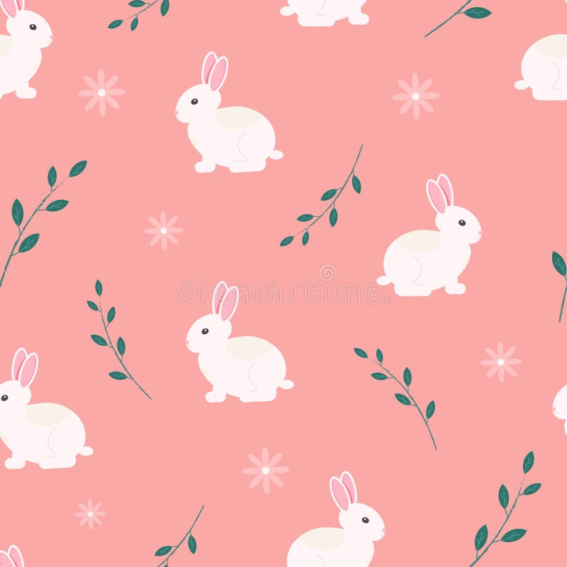 Seamless Pattern White Rabbit and Green on Pink Bg Stock Vector ...