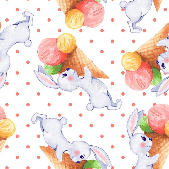 Seamless Pattern with White Rabbits and Ice Cream 6 Stock Illustration ...