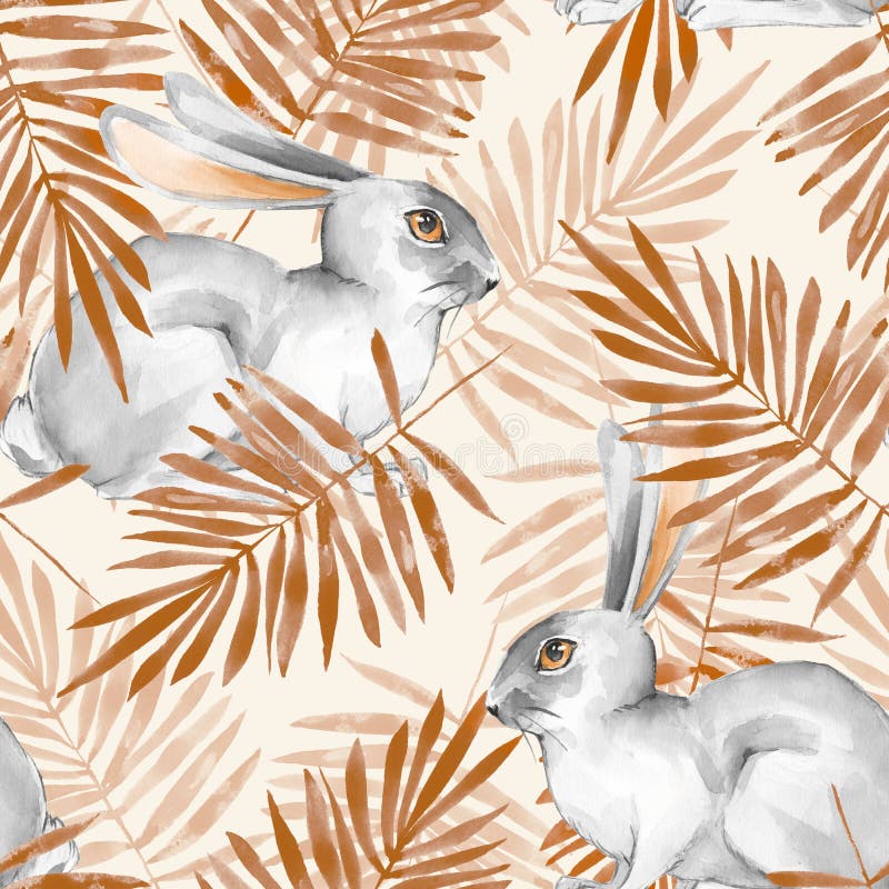 Seamless Pattern with White Rabbits and Leaves Stock Illustration ...