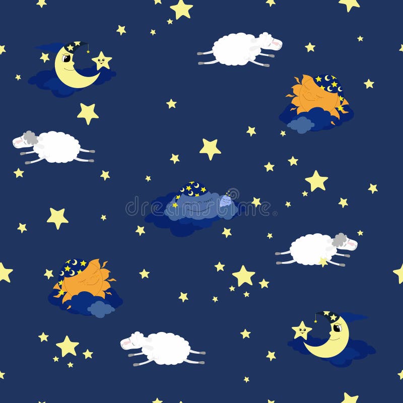Seamless Pattern White Sheep And Moon And Sleeping Sun And Sleeping