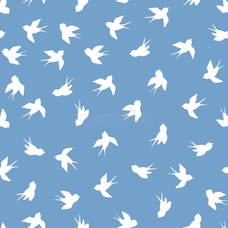 Seamless Pattern with White Swallow Silhouette on Blue Background. Cute ...