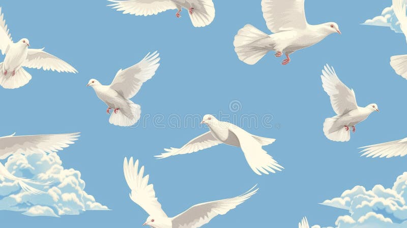 Seamless Pattern of White Winged Feathered Pigeons Flying in the Sky on ...