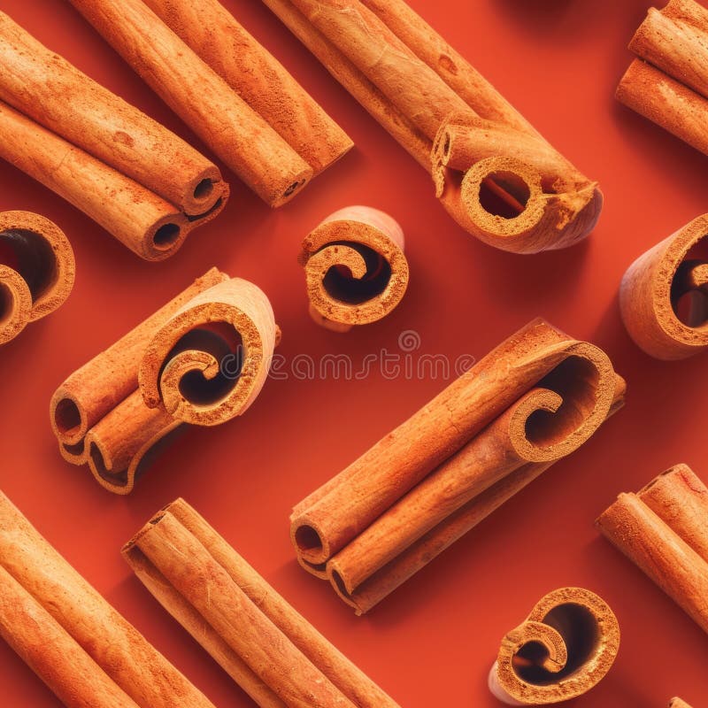 Seamless Pattern of Whole Cinnamon Sticks on Red Background, Aromatic ...