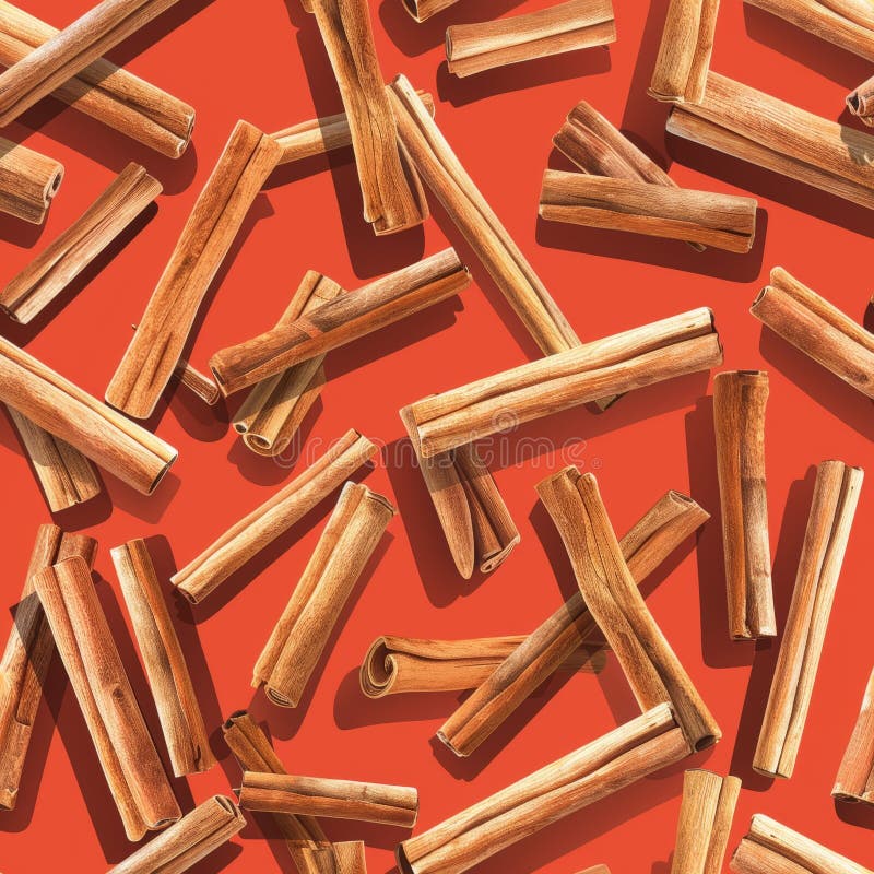 Seamless Pattern of Whole Cinnamon Sticks on Red Background, Geometric ...