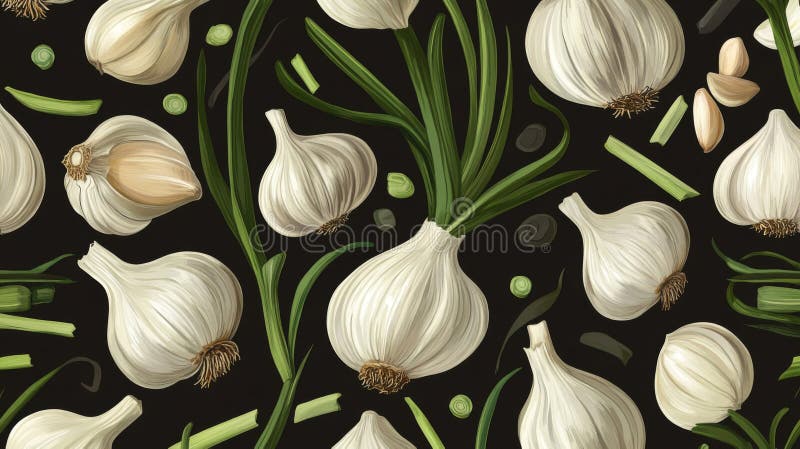 A Seamless Pattern of Whole Garlic Bulbs, Cloves, and Greenery Stock ...