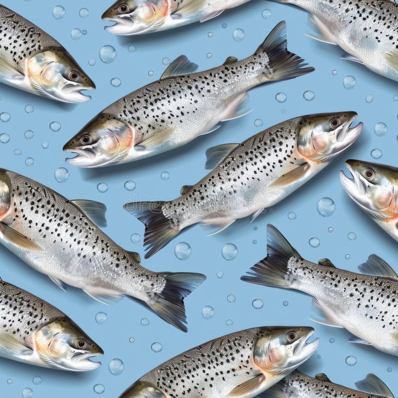 Seamless Pattern of Whole Salmon on Blue Background, Seafood Pattern ...