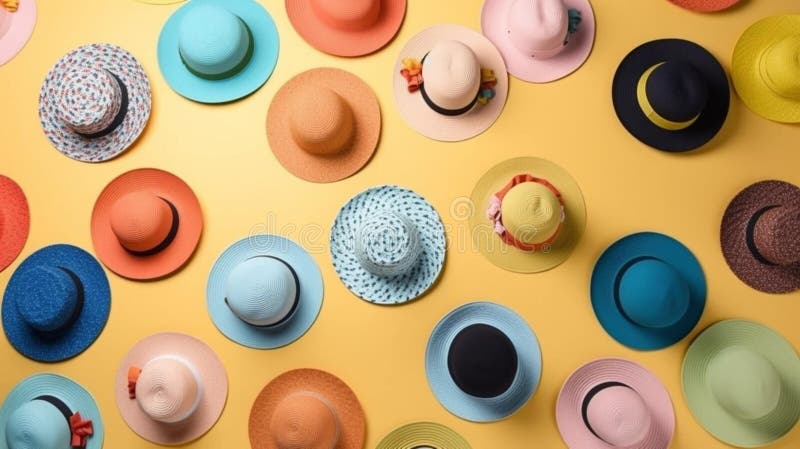 Seamless Pattern of Wide Brimmed Hats on Yellow Background Stock ...