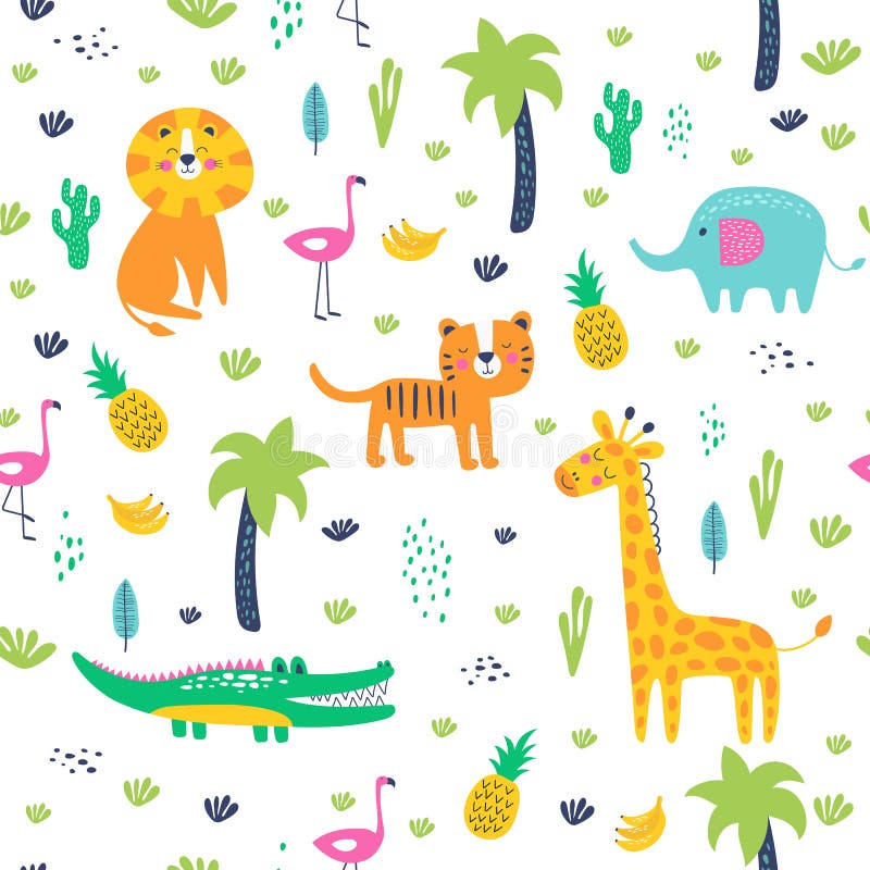 Seamless Pattern Wild Animals in Jungle. Kids Vector Stock Vector ...