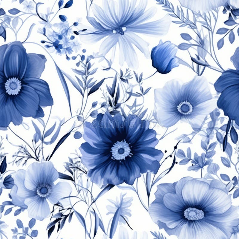 Seamless Pattern with Wild Flowers in Indigo Tones Stock Illustration ...