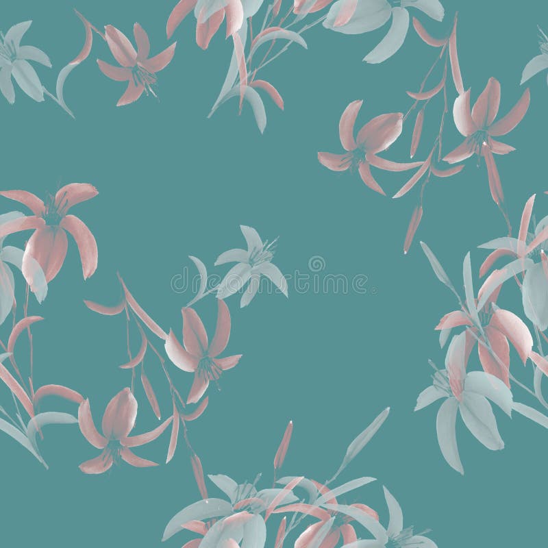 Seamless Pattern of Wild Pink and Turquoise Flowers a Deep Turquoise ...