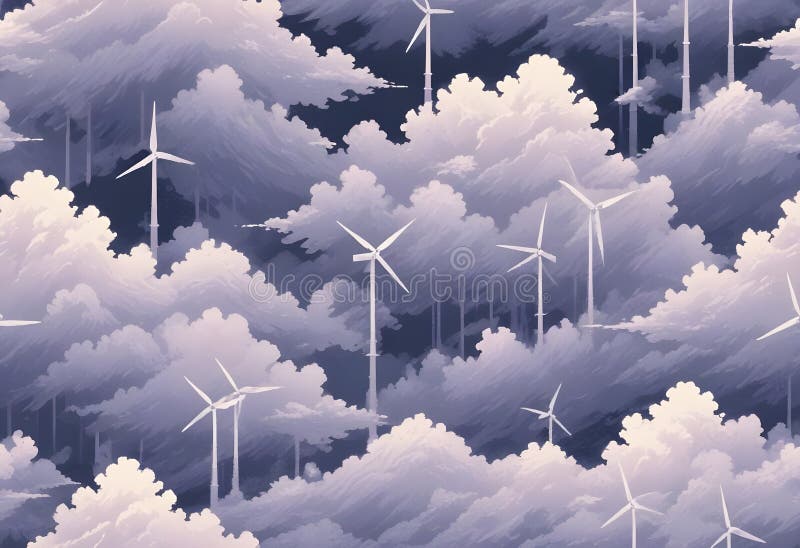 Seamless Pattern of Wind Turbines Peeking through Fluffy Clouds Stock ...