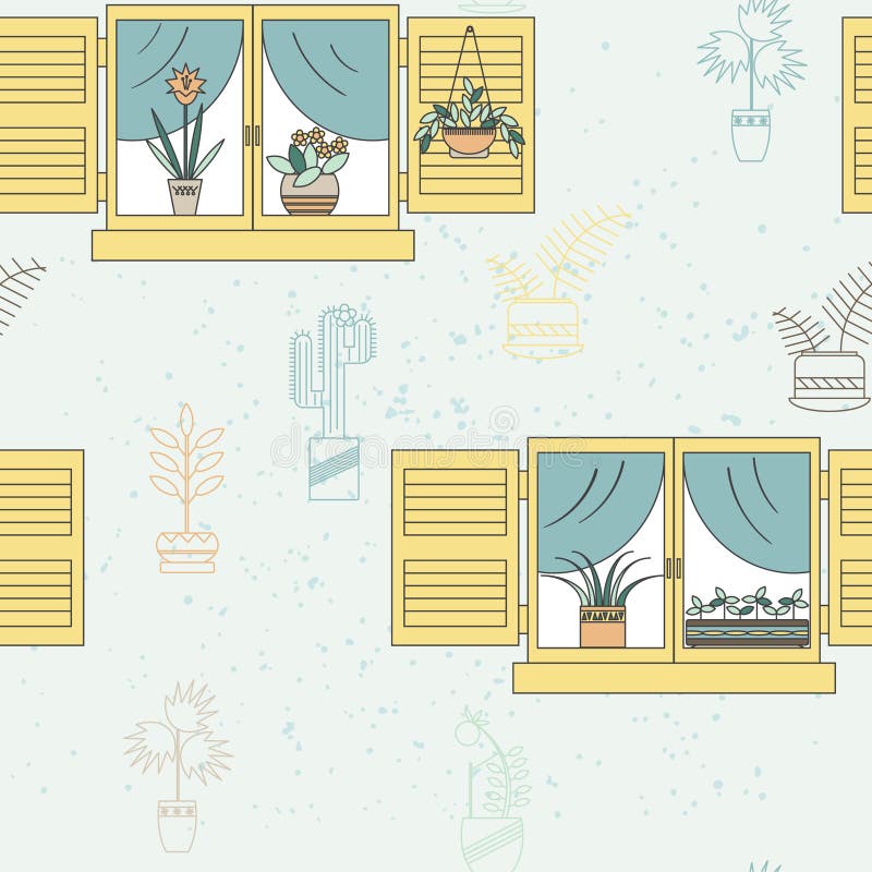 Seamless Pattern with Windows and Plants. Stock Vector - Illustration ...