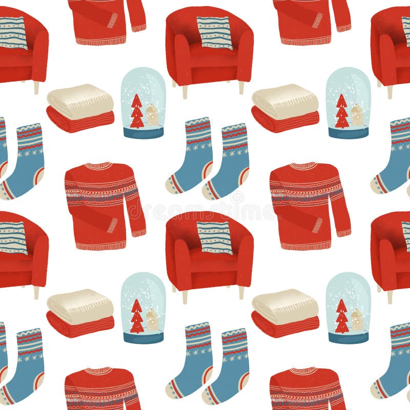 Seamless Pattern of Winter Cozy Objects in Scandinavian Style, Elements ...
