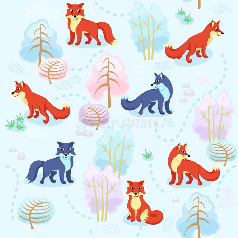 Seamless Pattern of Winter Forest with Foxes between Trees Stock Vector ...