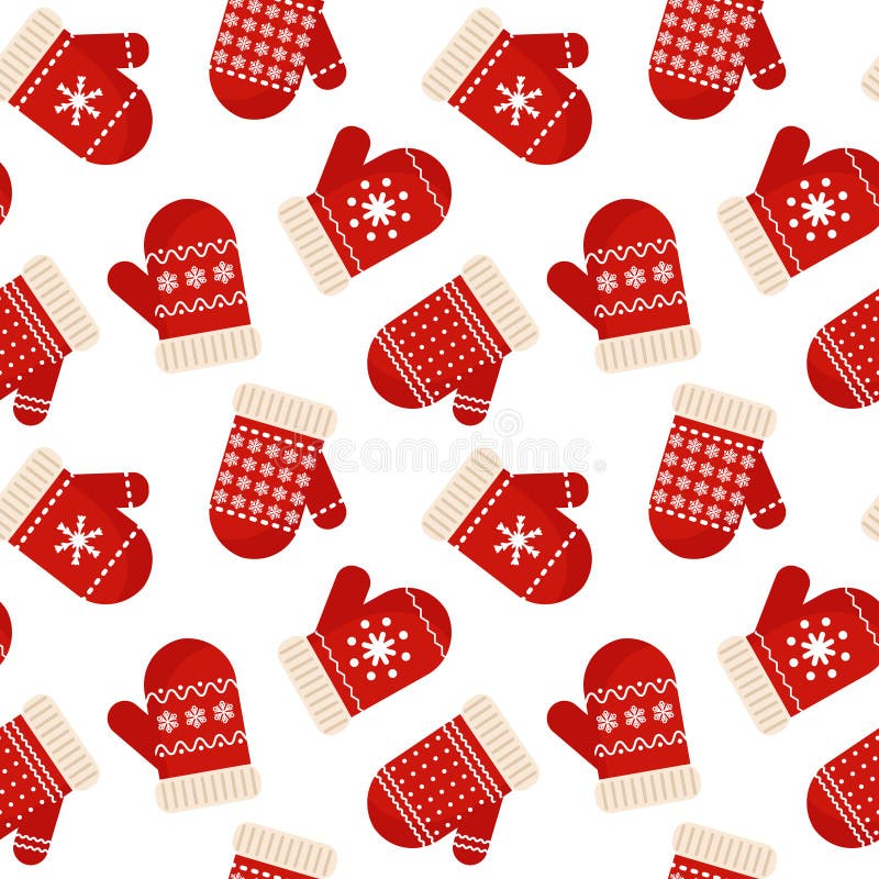Seamless Pattern, Winter Red Christmas Mittens with Snowflake Ornament ...
