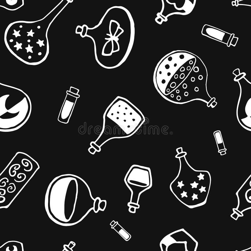 Seamless Pattern with Witch Magic Bottles and Brew Drink with Potion ...