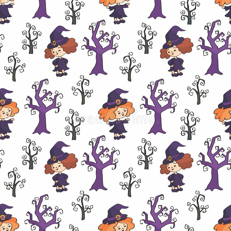 Seamless Pattern with Witch and Trees Stock Vector - Illustration of ...