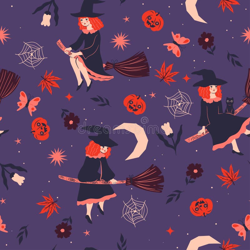 Seamless Pattern with Witches Flying on Broomsticks. Vector Graphics Stock Vector - Illustration ...