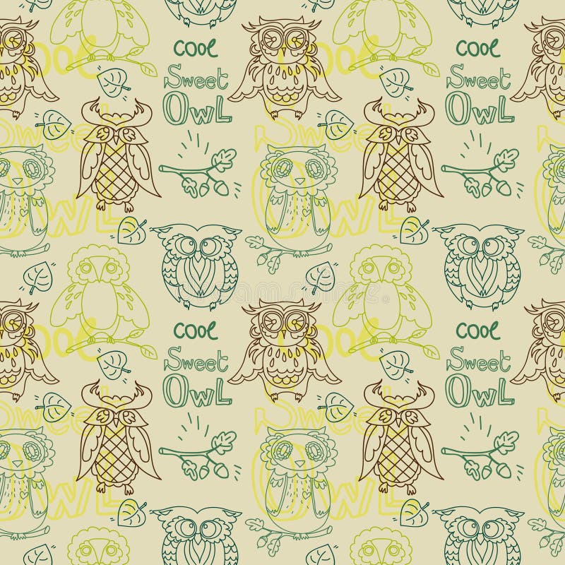 Seamless Pattern Witn Cute Doodle Owls Stock Vector - Illustration of ...