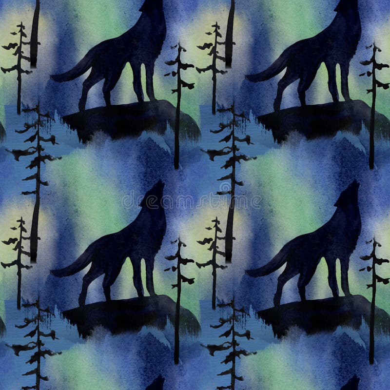 Seamless Pattern Wolf on the Background of the Northern Lights ...